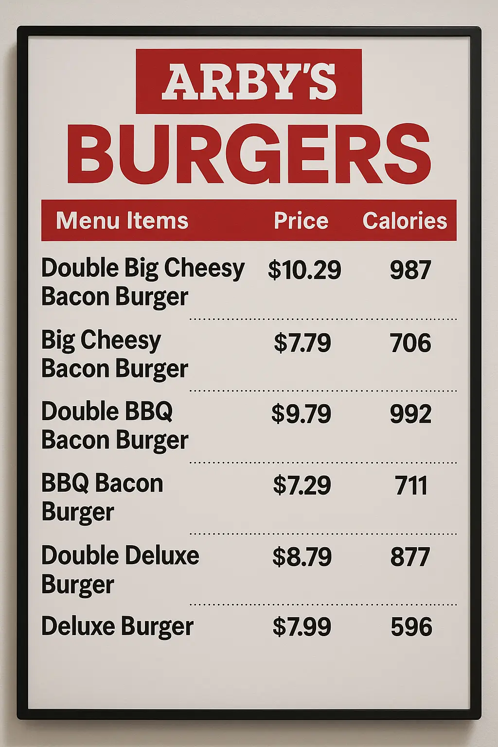 Arby’s BURGERS Menu Prices 2025